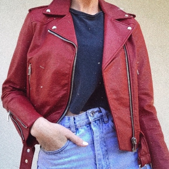 Zara | Jackets & Coats | Red Leather Jacket With Zippers And Belt ...